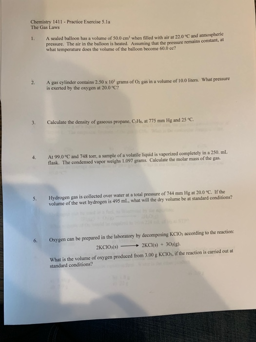 Solved Chemistry 1411 - Practice Exercise 5.1a The Gas Laws | Chegg.com