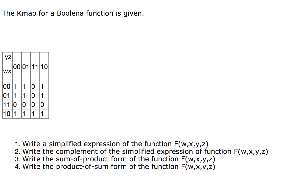 Solved The Kmap for a Boolena function is given. yz 00 01 11 | Chegg.com