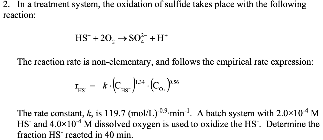 Solved In a treatment system, the oxidation of sulfide takes | Chegg.com