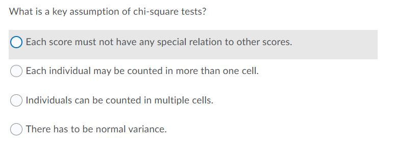 Solved What is a key assumption of chi-square tests? Each | Chegg.com