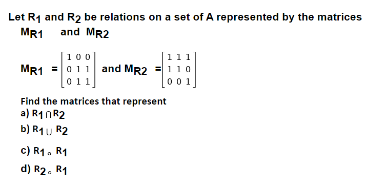 Solved Let R1 and R2 be relations on a set of A represented | Chegg.com
