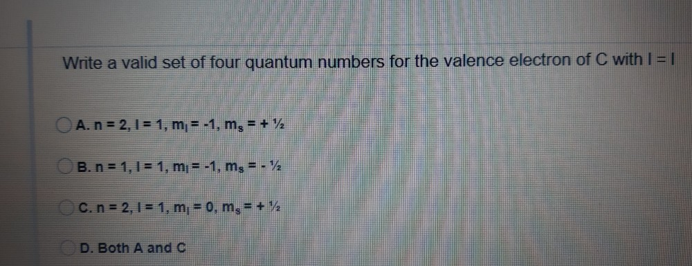 Solved Write a valid set of four quantum numbers for the | Chegg.com