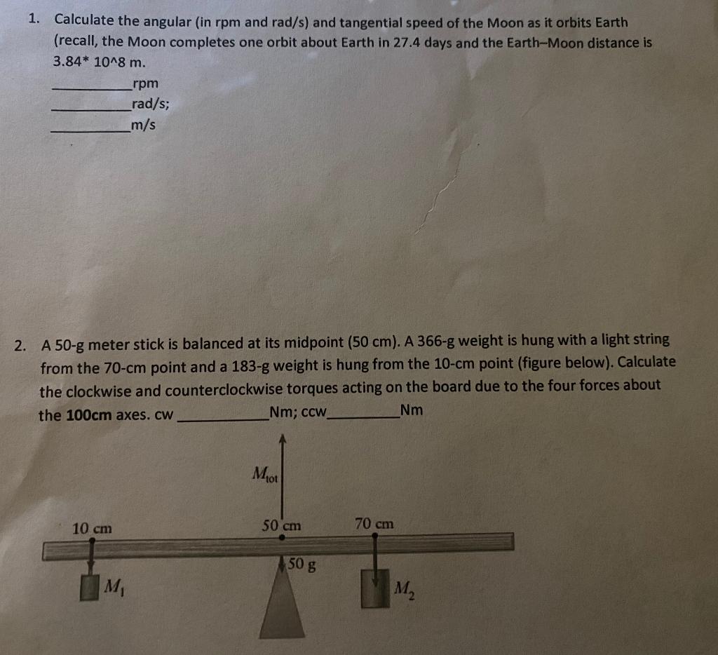 Solved 1. Calculate the angular (in rpm and rad/s) and | Chegg.com