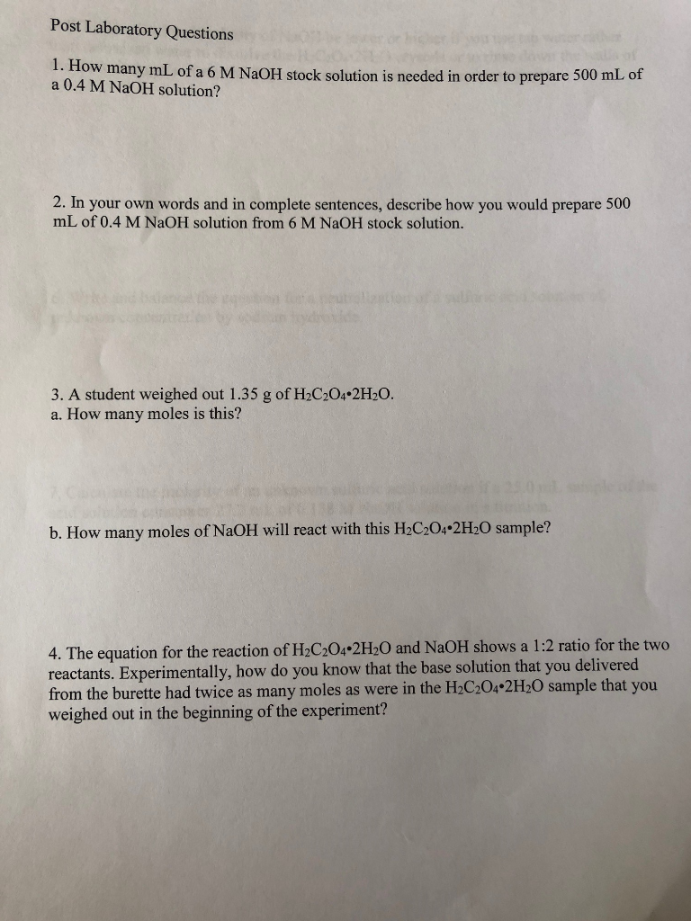 Solved Post Laboratory Questions 1. How many mL of a 6 M | Chegg.com