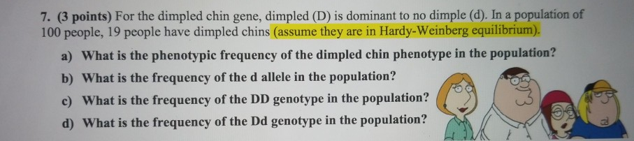 Solved 7. (3 points) For the dimpled chin gene, dimpled (D) | Chegg.com