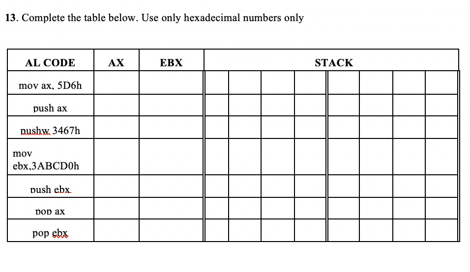 Solved 13. Complete the table below. Use only hexadecimal | Chegg.com