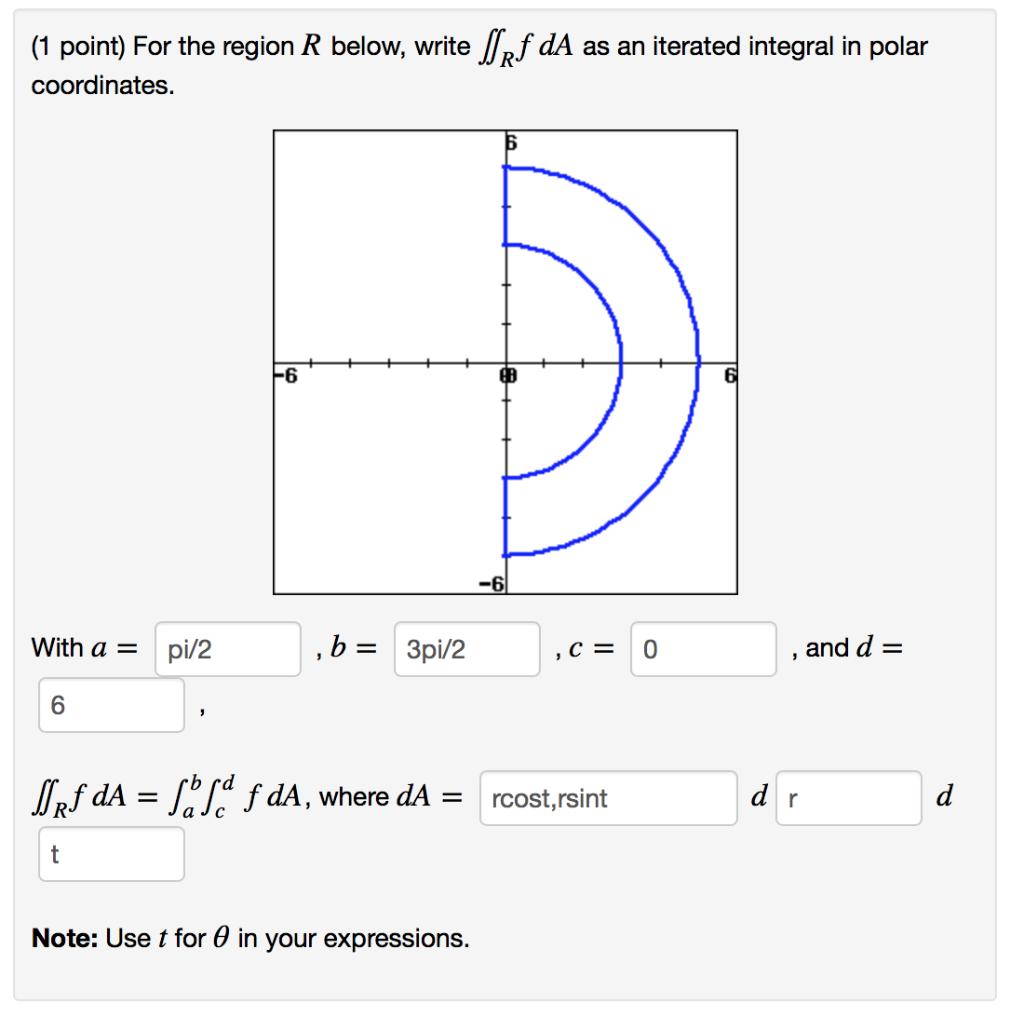 Solved (1 point) For the region R below, write [Rf dA as an | Chegg.com