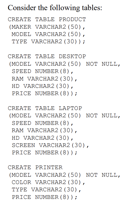 Solved Consider the following tables: CREATE TABLE PRODUCT | Chegg.com