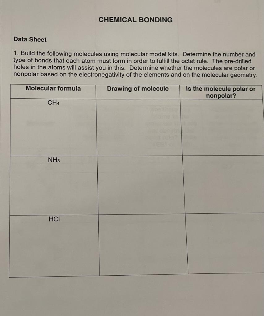 Solved CHEMICAL BONDING Data Sheet 1. Build the following | Chegg.com