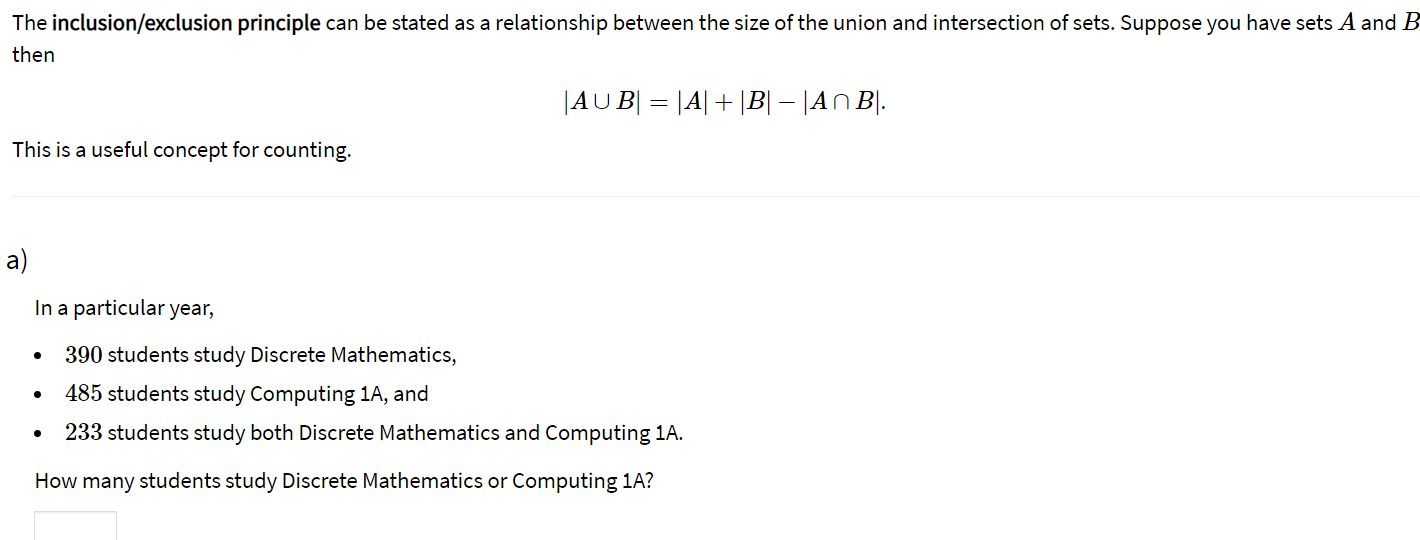 Solved The inclusion/exclusion principle can be stated as a | Chegg.com