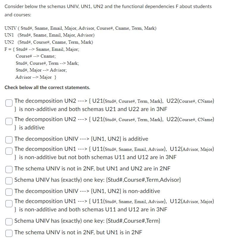 Solved Consider below the schemas UNIV, UN1, UN2 and the | Chegg.com