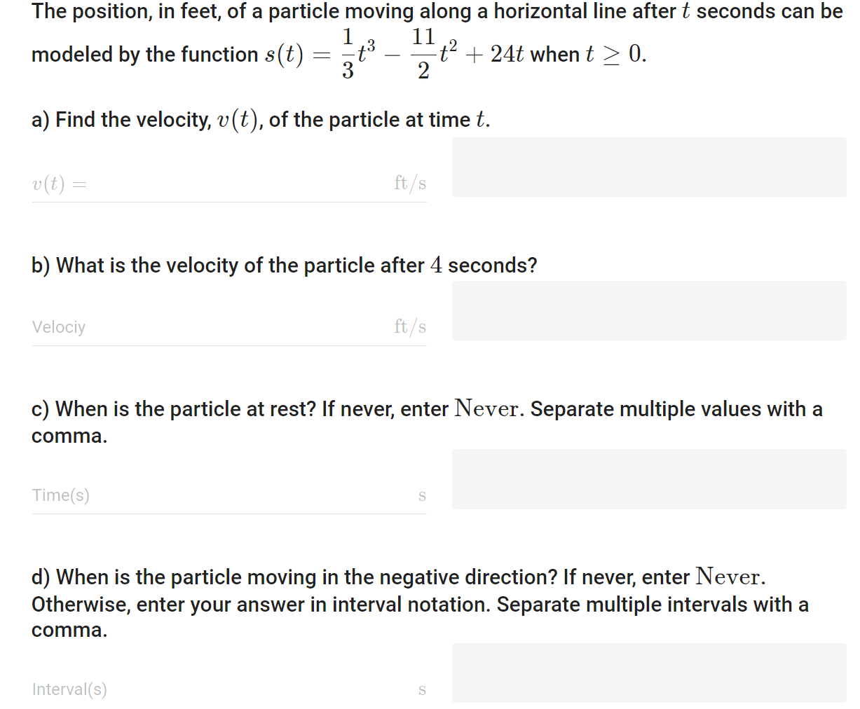 Solved The position, in feet, of a particle moving along a | Chegg.com