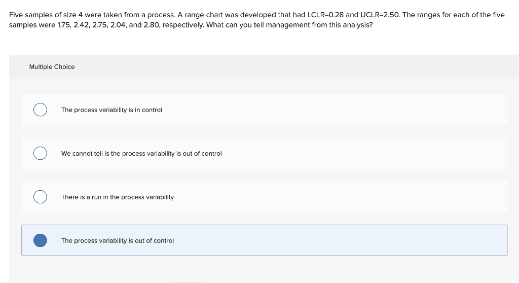 Solved Five samples of size 4 were taken from a process. A | Chegg.com