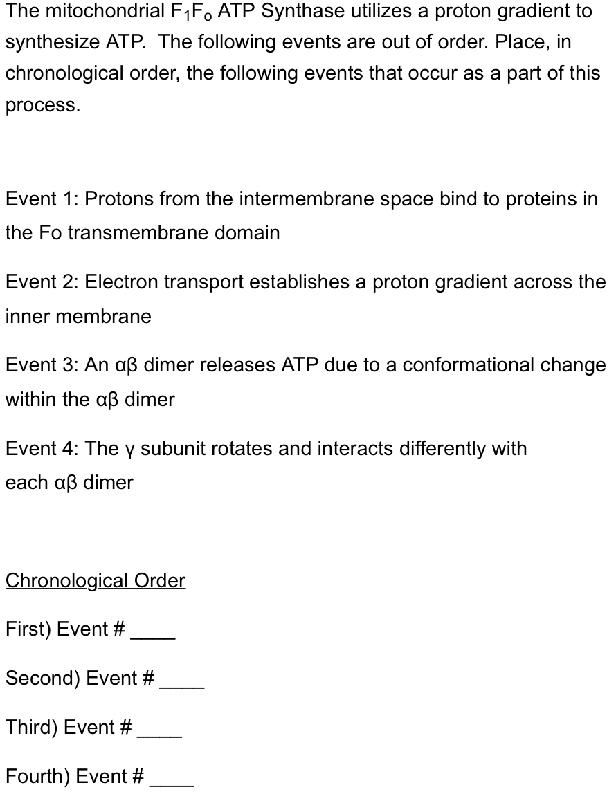 Solved The mitochondrial F1F0 ATP Synthase utilizes a proton | Chegg.com
