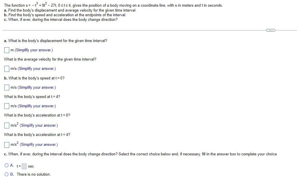 Solved The function s= -t³ +9t² - 27t, 0 st≤ 4, gives the | Chegg.com