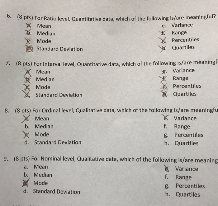 Solved 6. (8 pts) For Ratio level, Quantitative data, which | Chegg.com