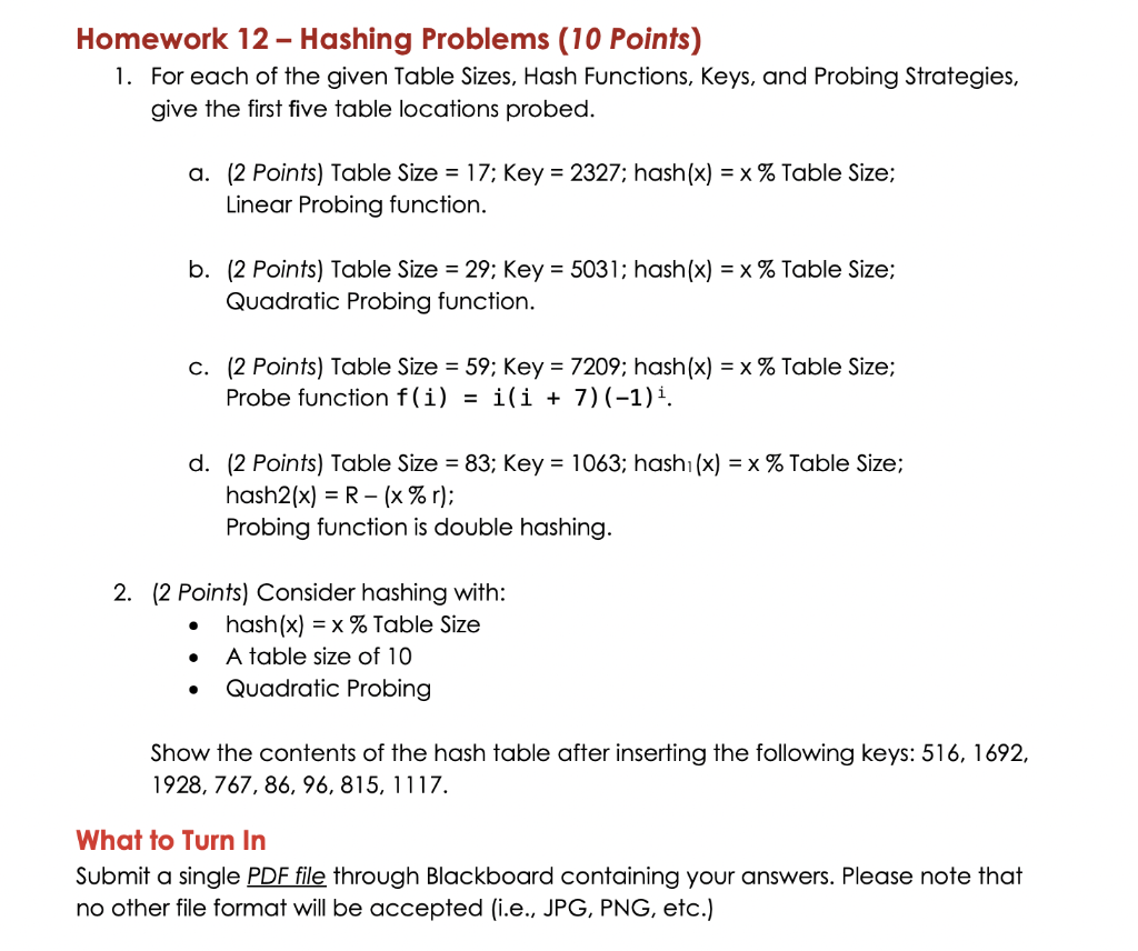 Solved lomework 12 - Hashing Problems (10 Points) 1. For | Chegg.com