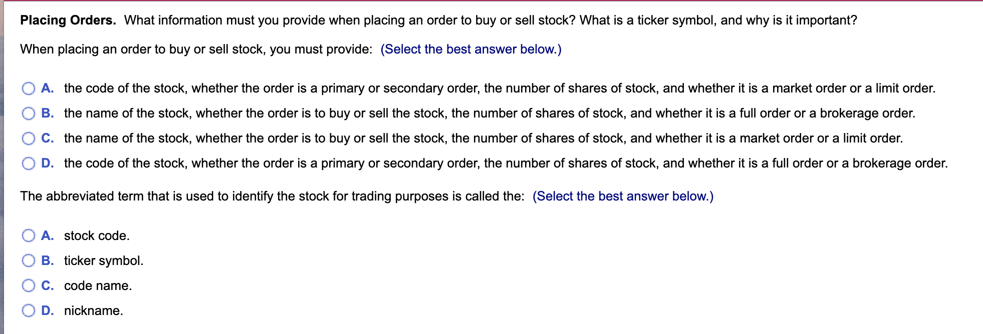 Solved Placing Orders. What information must you provide | Chegg.com