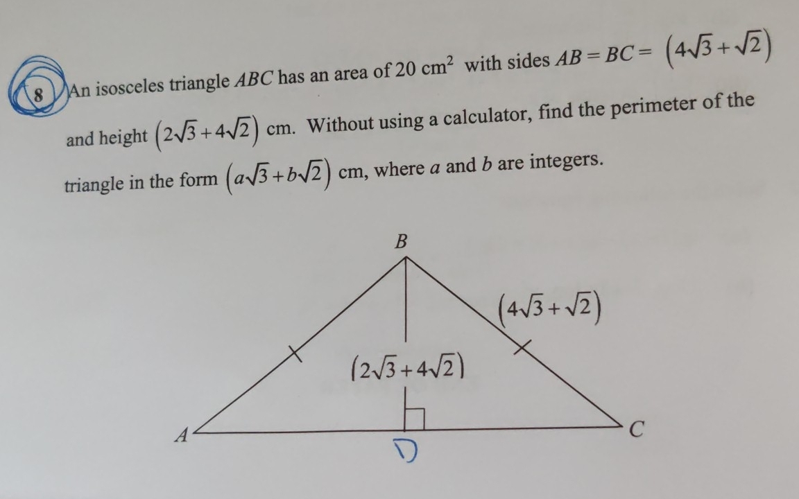 Solved An ﻿isosceles triangle ABC has an ﻿area of 20cm2 | Chegg.com