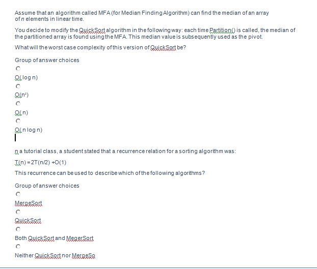 Solved Assume that an algorithm called MFA (for Median | Chegg.com