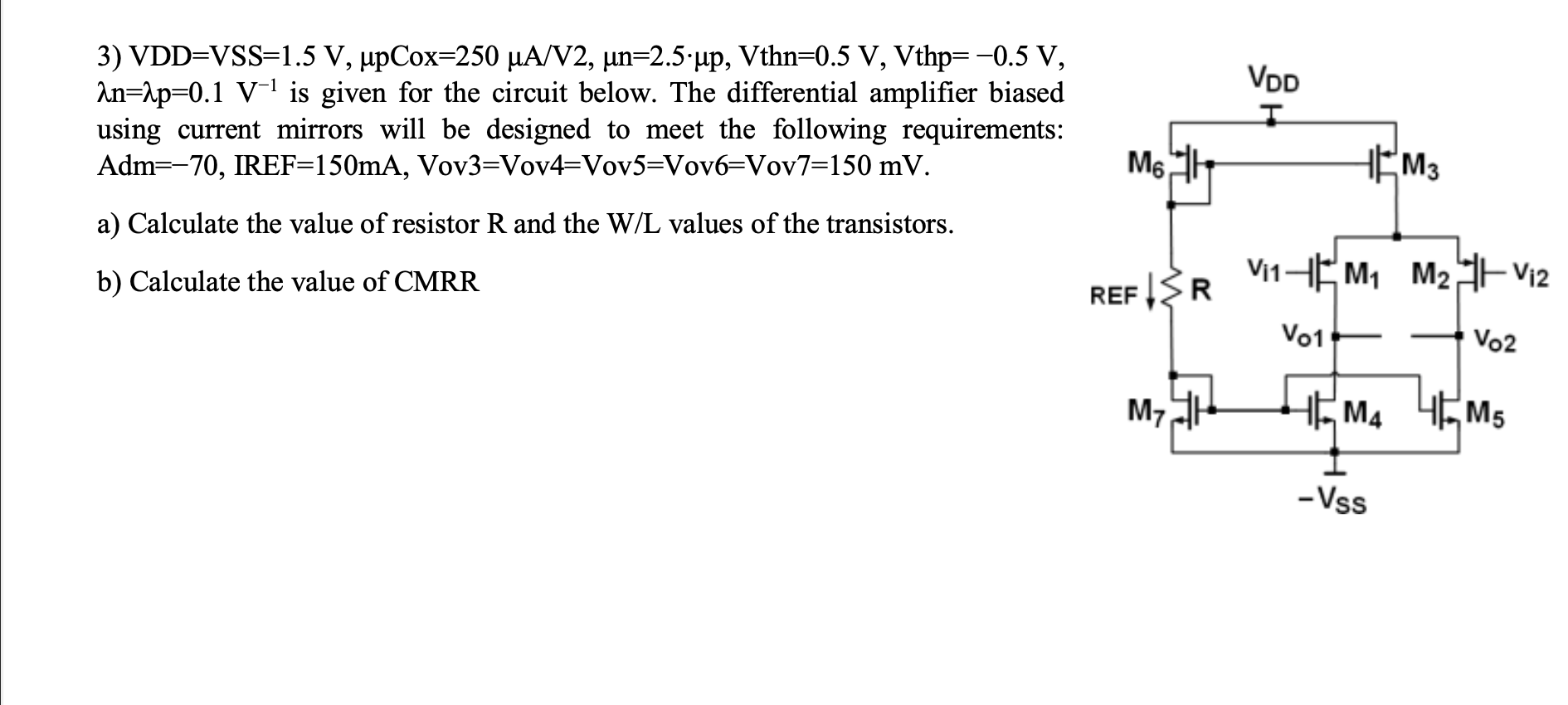 Solved 3) VDD=VSS=1.5 V,μpCox=250μA/V2,μn=2.5⋅μp,Vthn=0.5 | Chegg.com