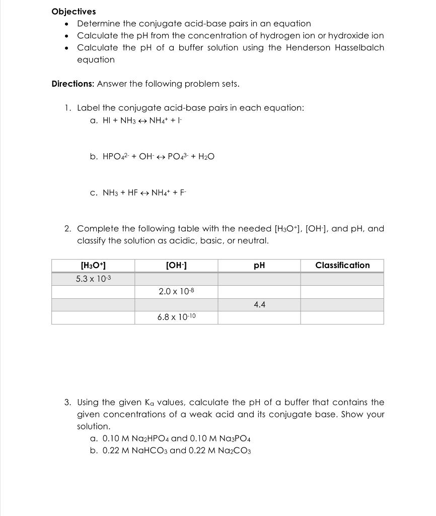 Solved . Objectives Determine the conjugate acid-base pairs | Chegg.com