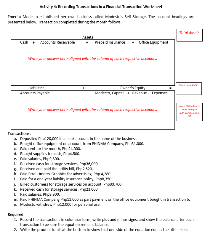 Solved Activity 4: Recording Transactions in a Financial | Chegg.com