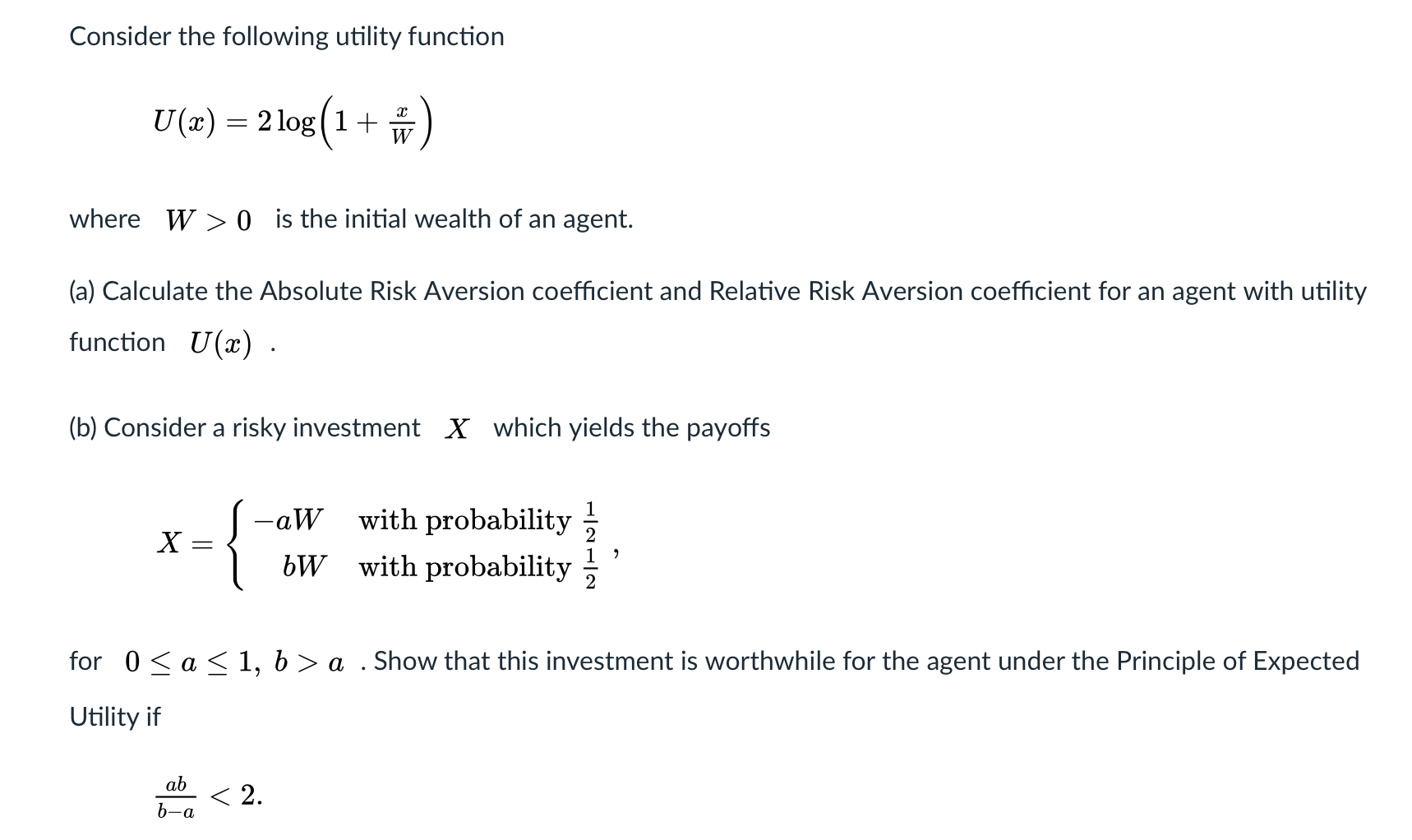 Solved Consider the following utility function U(x) = 2 | Chegg.com