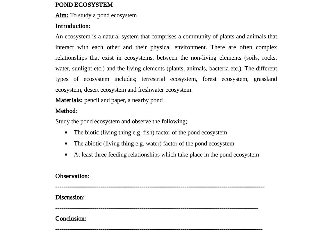 Solved POND ECOSYSTEM Aim: To study a pond ecosystem | Chegg.com