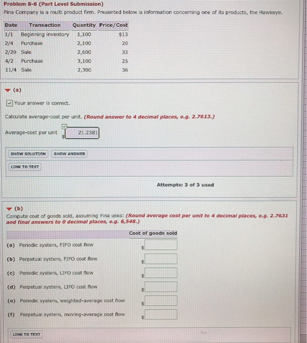Solved Problem 8-6 (Part Level Submission) Pina Company is a | Chegg.com