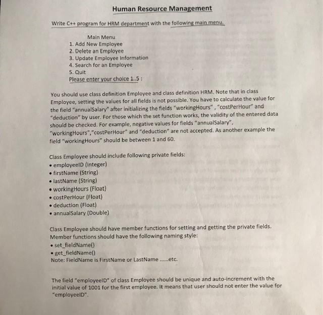 Solved Human Resource Management Write C++ program for HRM | Chegg.com