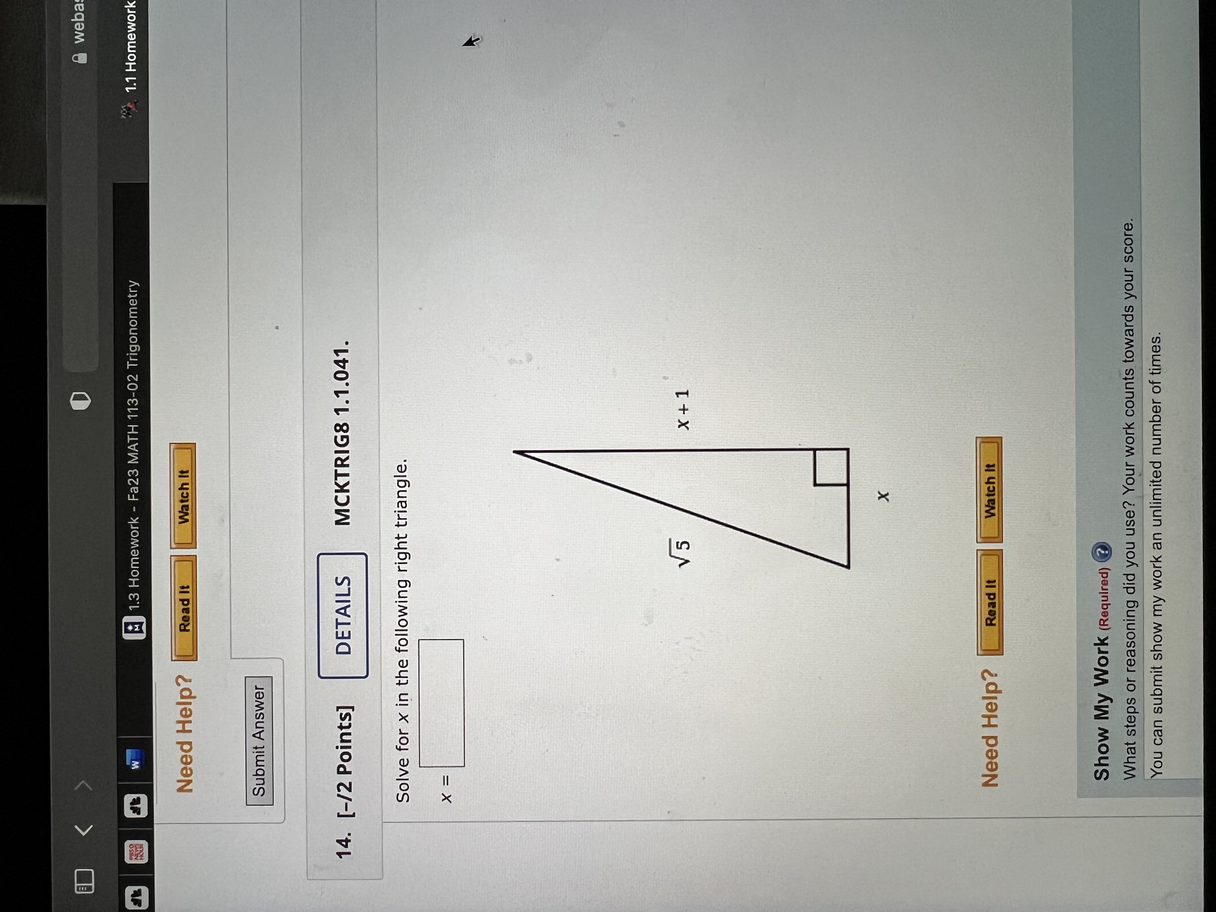 Solved Solve for x in the following right triangle. x= Need | Chegg.com
