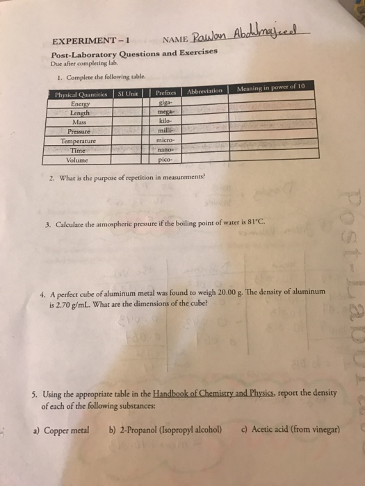 Solved EXPERIMENT -1 NAME Post-Laboratory Questions and | Chegg.com