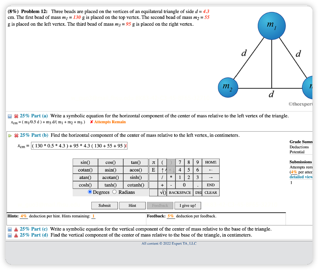 Solved (8%) Problem 12: Three beads are placed on the | Chegg.com