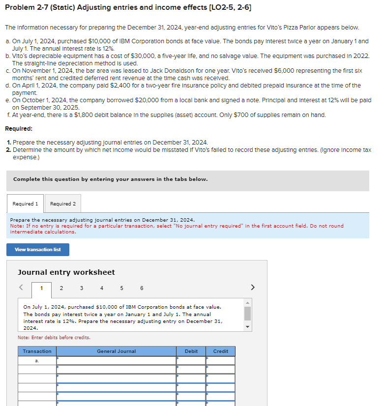 Solved Problem 2-7 (Static) Adjusting entries and income | Chegg.com
