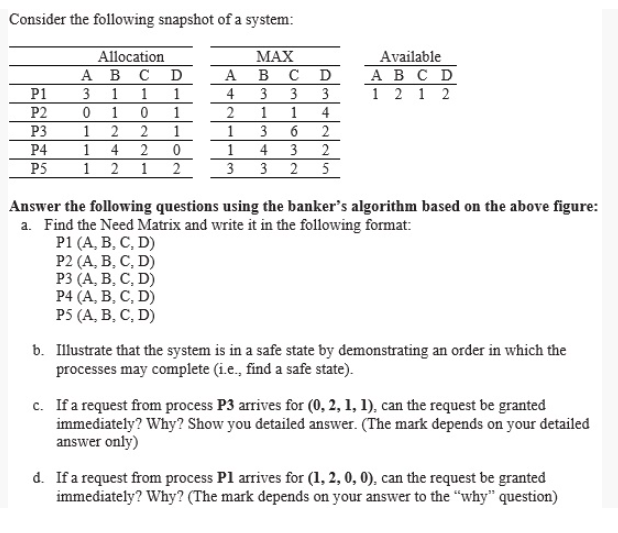 Solved Consider the following snapshot of a system: | Chegg.com