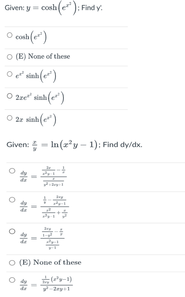 Solved en: y=cosh(ex2); Find y cosh(ex2) (E) None of these | Chegg.com