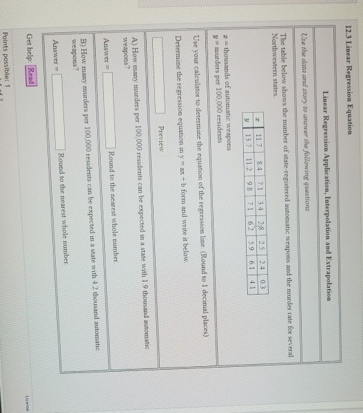 Solved 12.3 Linear Regression Equation Linear Regression | Chegg.com