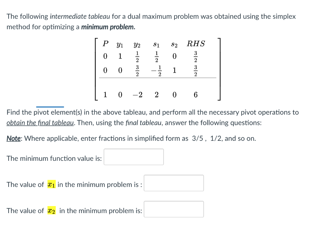 Solved The following intermediate tableau for a dual maximum | Chegg.com