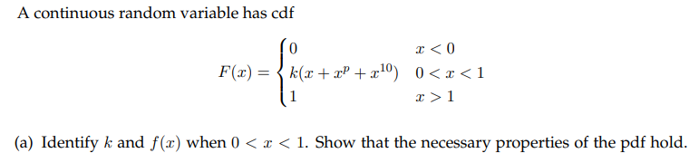 Solved A continuous random variable has cdf | Chegg.com