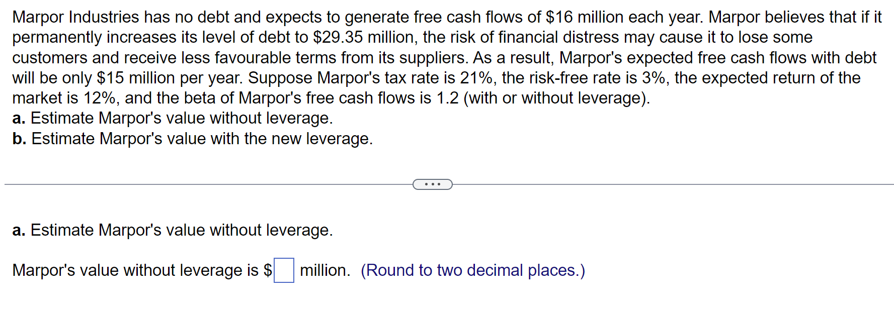 Solved Marpor Industries has no debt and expects to generate | Chegg.com