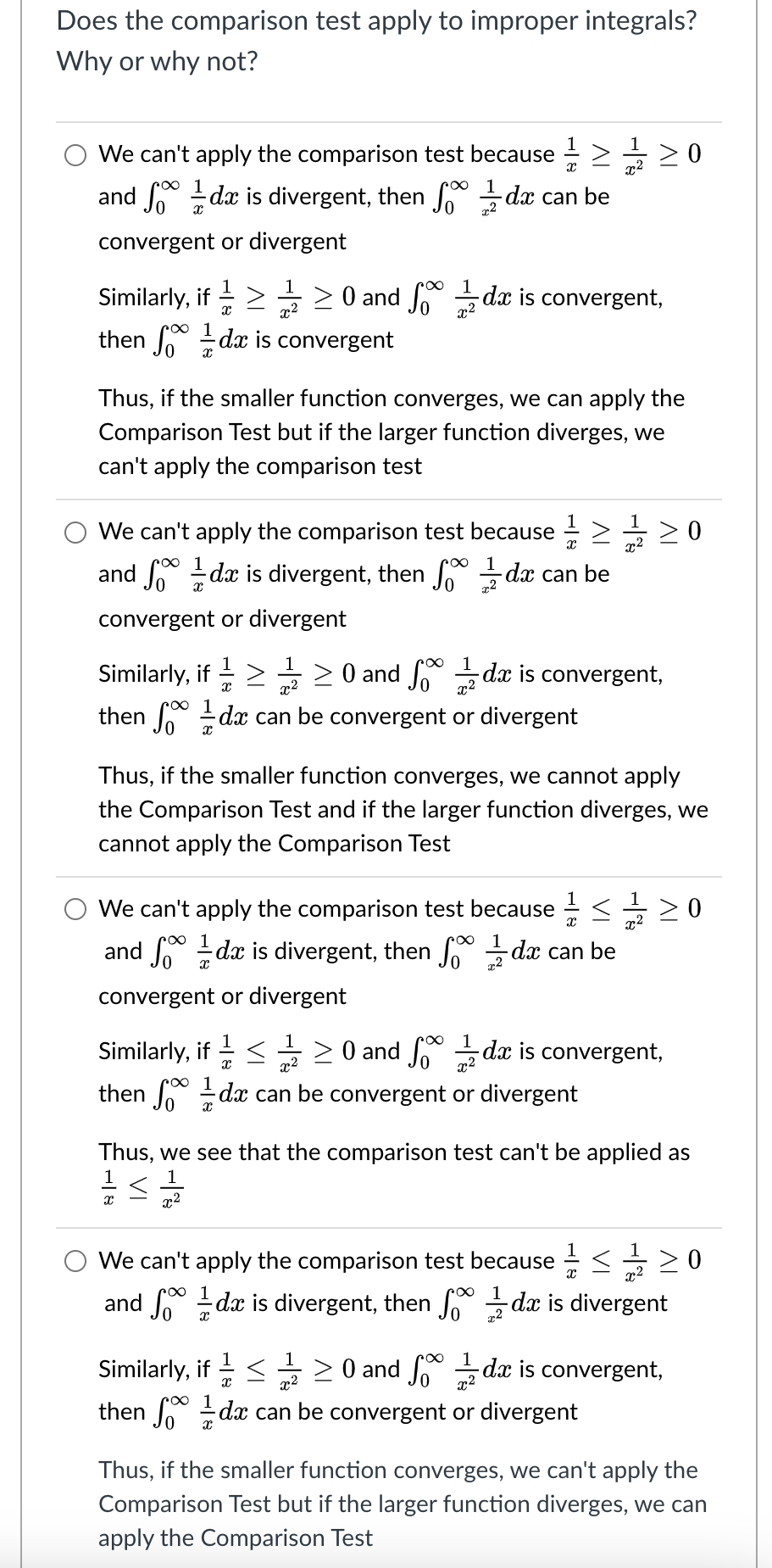 Solved Does the comparison test apply to improper integrals? | Chegg.com