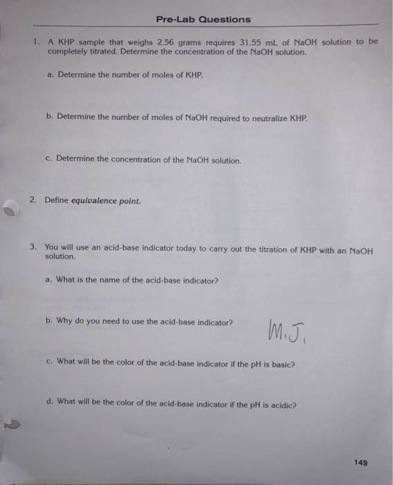Solved Pre-Lab Questions 1. A KHP sample that weighs 2.56 | Chegg.com