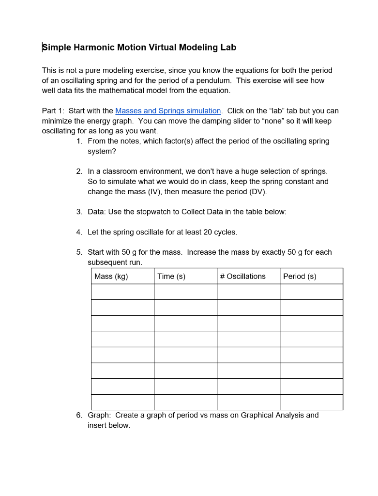 Simple Harmonic Motion Virtual Modeling Lab This is | Chegg.com