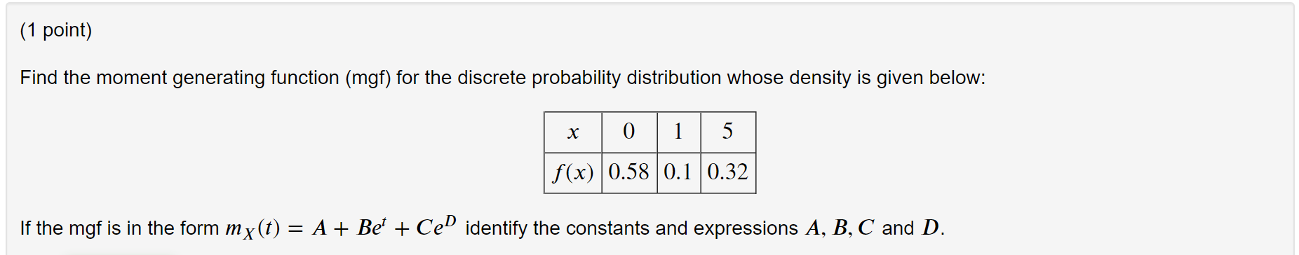 Solved (1 point) Find the moment generating function (mgf) | Chegg.com