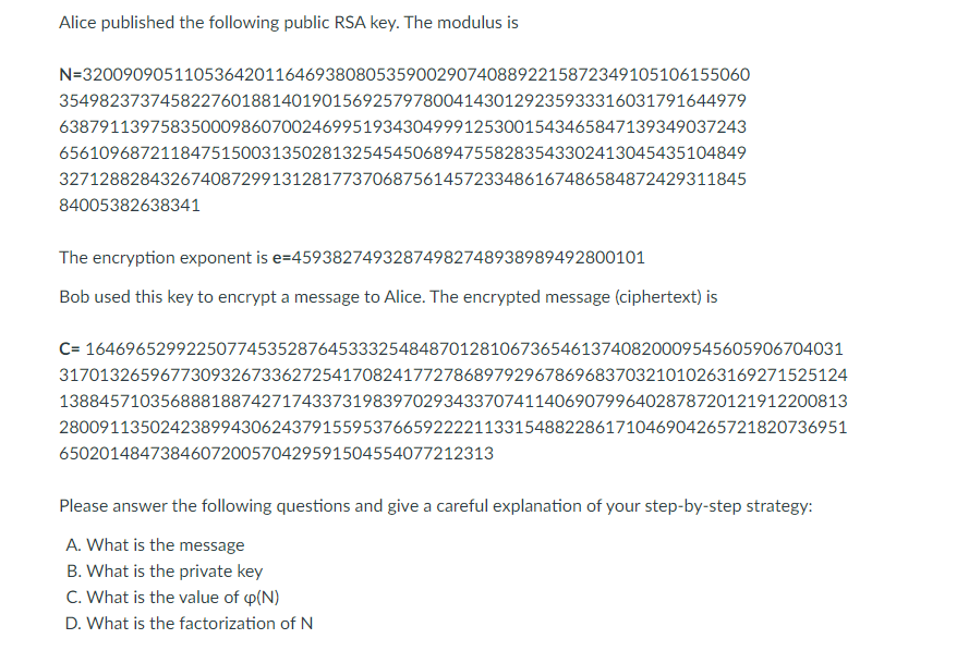 Alice published the following public RSA key. The | Chegg.com