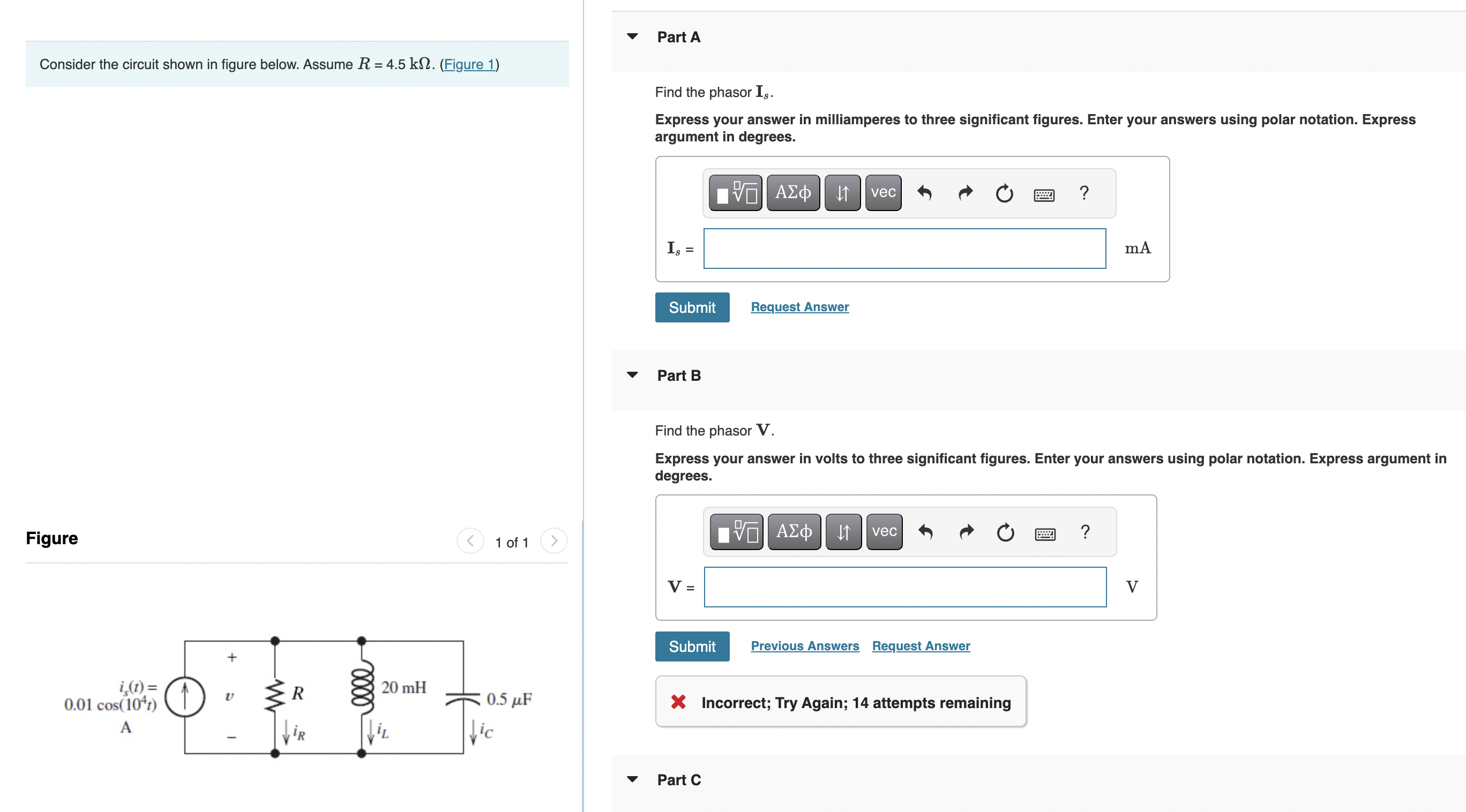 Solved R=4.5kΩ. (Figure 1)FigureIncorrect; Try Again; 14 | Chegg.com