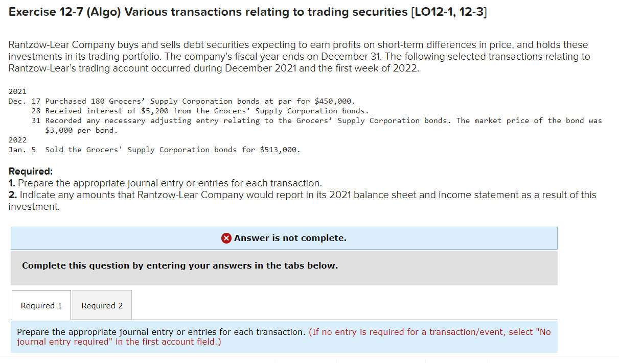 Solved Exercise 12-7 (Algo) Various transactions relating to | Chegg.com