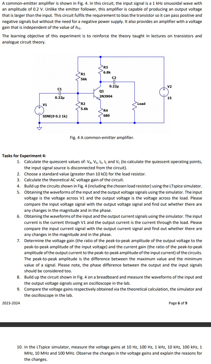 Solved A common-emitter amplifier is shown in Fig. 4. ﻿In | Chegg.com