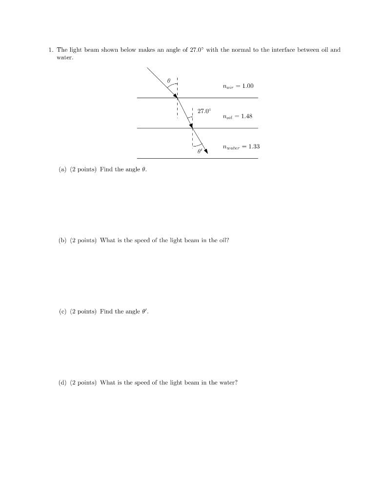 Solved 1. The light beam shown below makes an angle of | Chegg.com